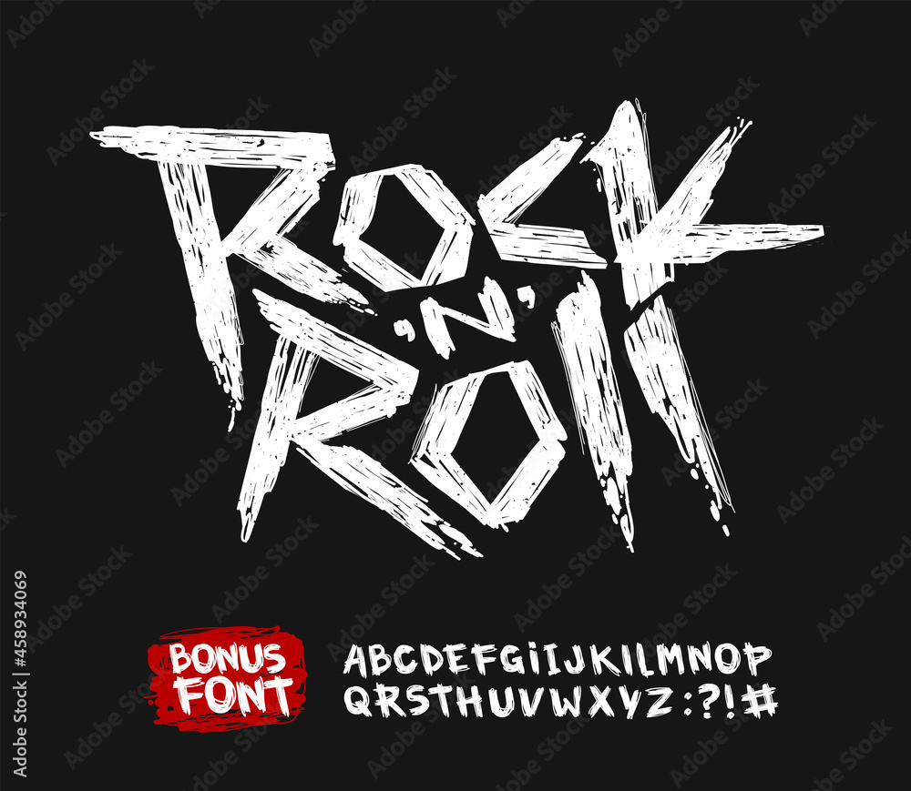 Rock grunge style poster and doodle type font - vector template. Set of ...