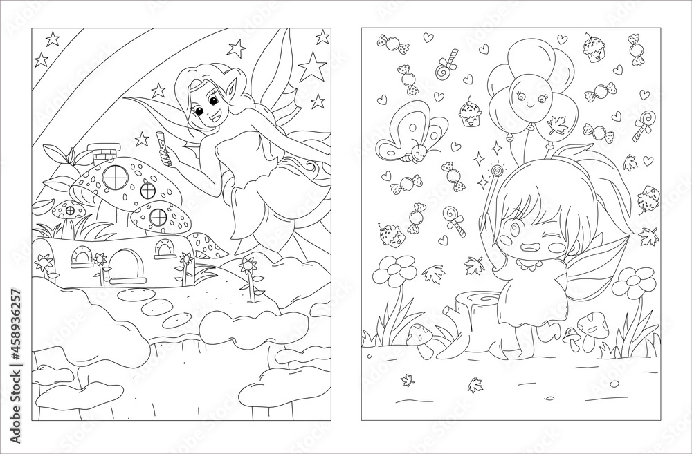 Cartoon fairy. fantasy world. Fairy tale. Black and white vector ...