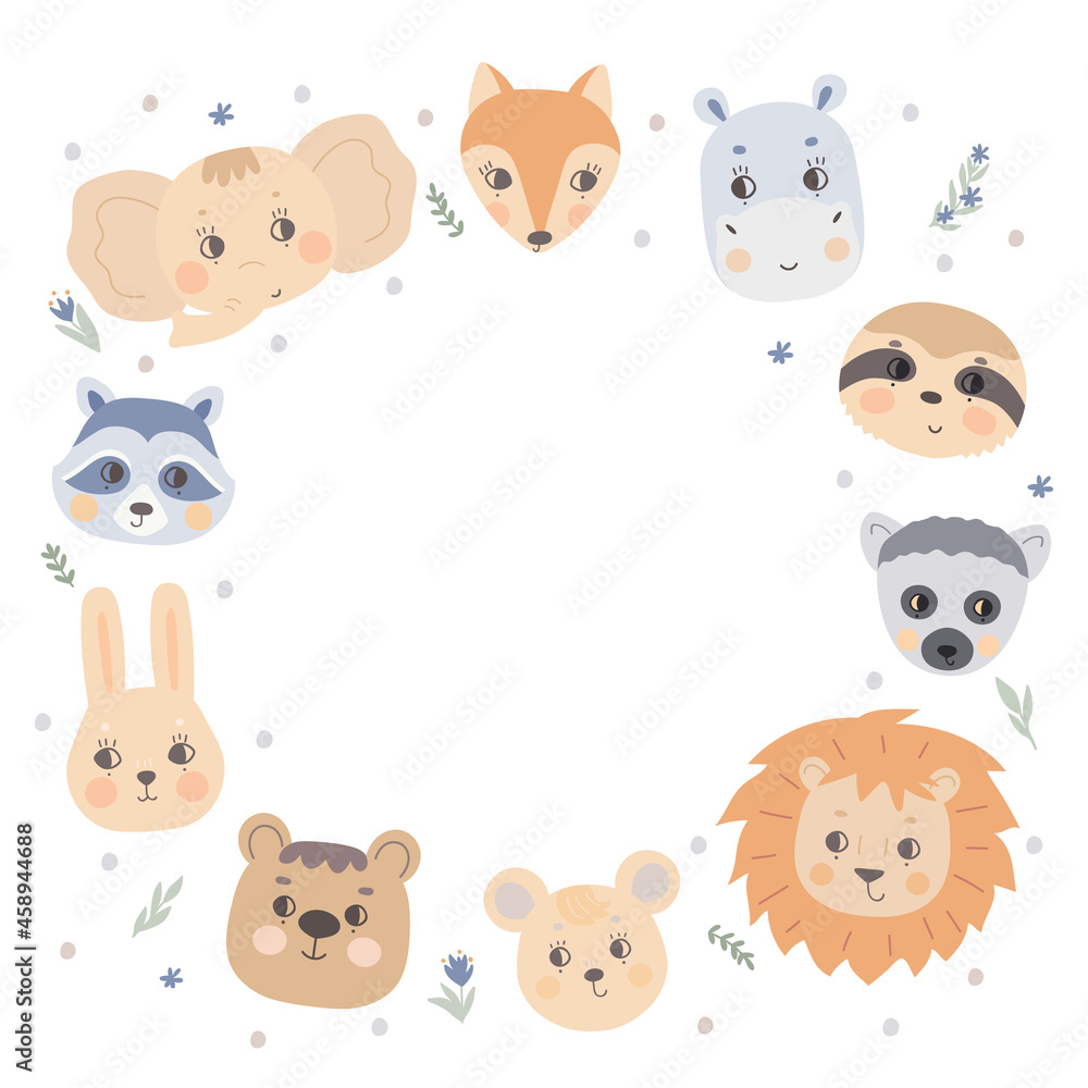 Round frame with animal faces, lemur, mouse, bear, lion, hippo ...