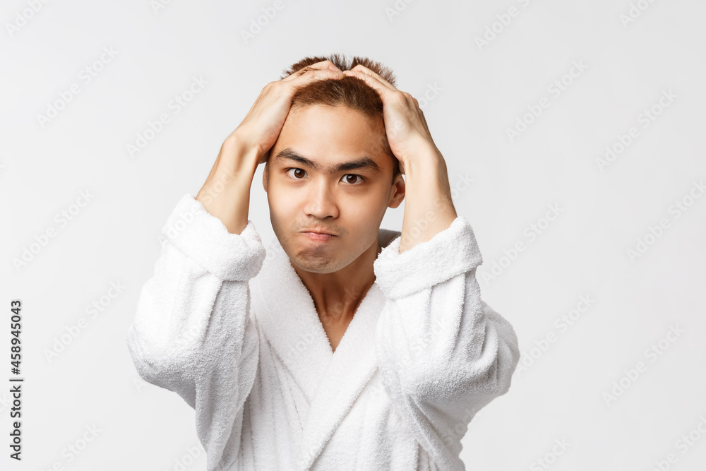 Beauty, spa and leisure concept. Portrait of sick and tired, tensed ...