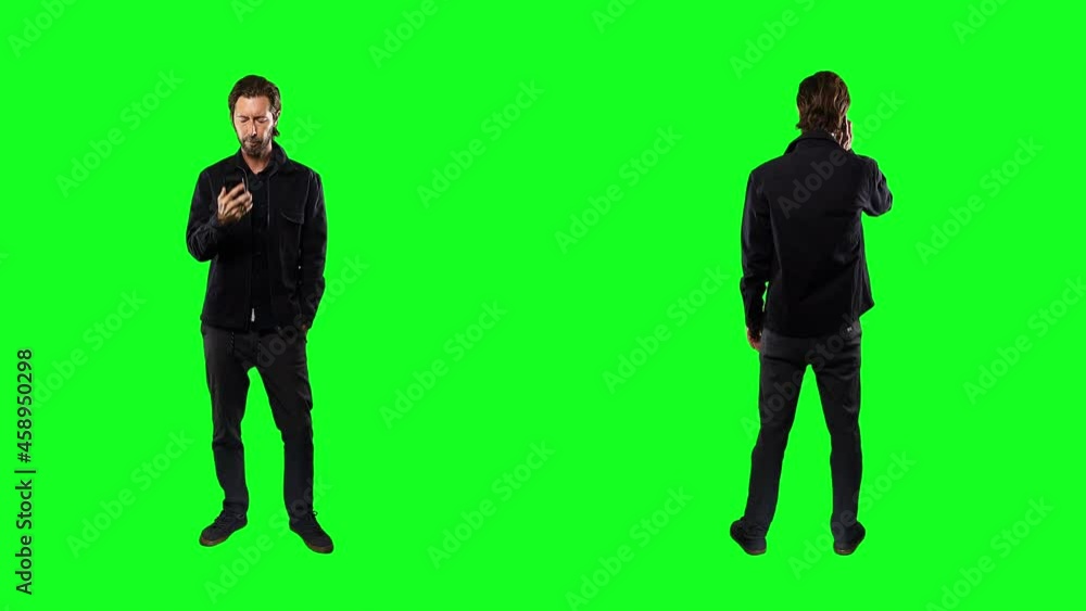 Phone Conversation Man On Green Screen, Front And Back Using Smartphone ...