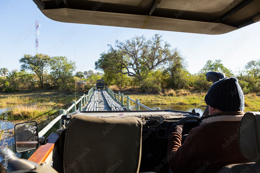 Safari vehicle crossing Fourth Bridge, Okavango Delta, Botswana. Stock ...