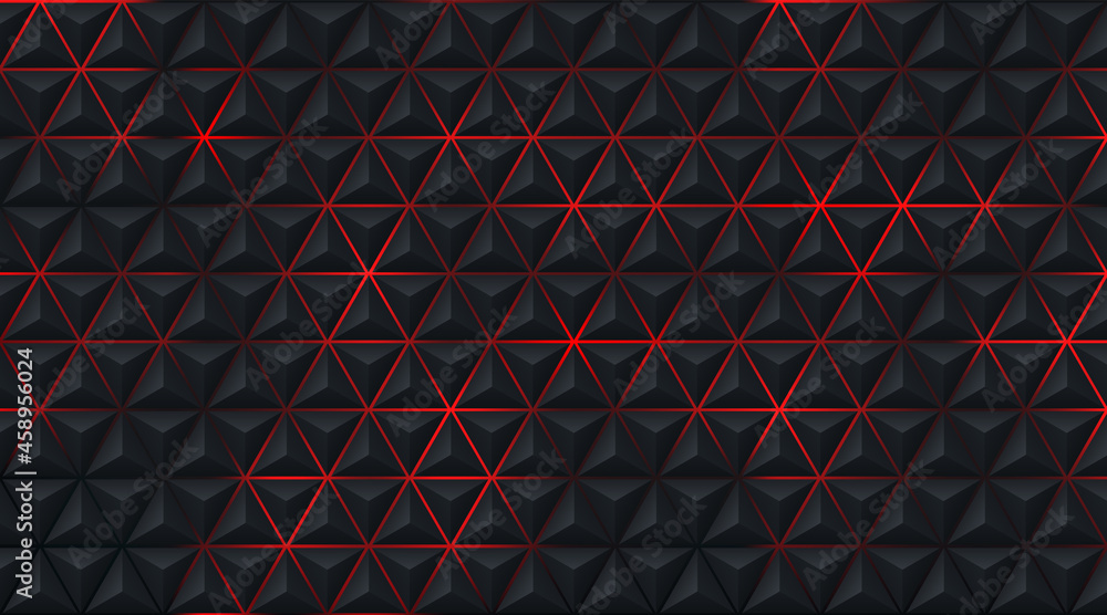 Abstract geometric triangle 3D pattern on red, black blurred background ...