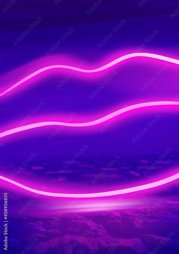 Neon lips on the pavement. Modern bright background. Neon lips stand on ...