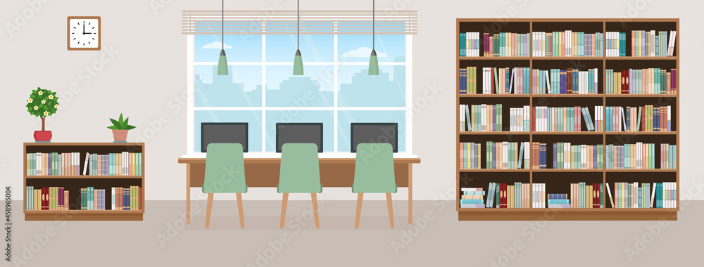 Empty library. Modern interior with bookcases, table, chairs and ...