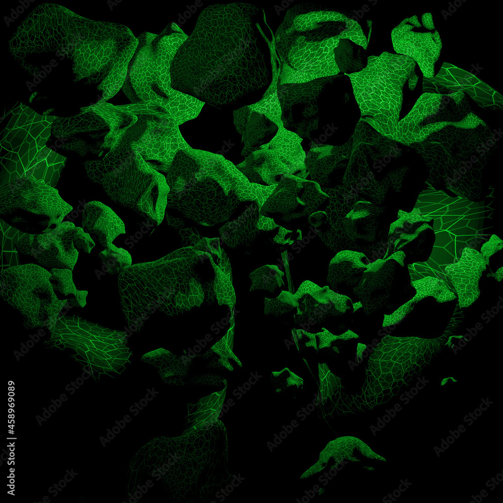 Futuristic sci-fi landscape with 3d mesh objects. Clusters of asteroids ...