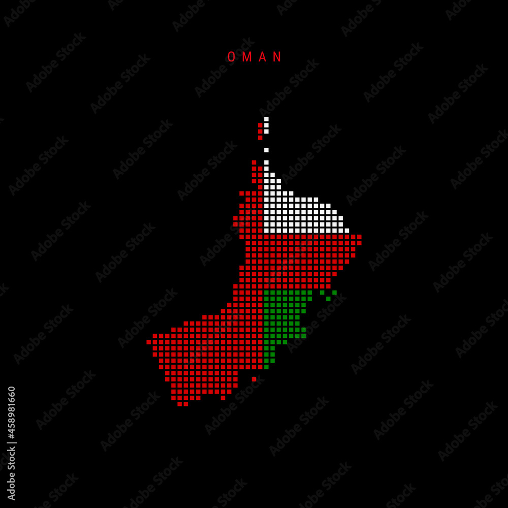 Square dots pattern map of Oman. Dotted pixel map with flag colors. Vector illustration Stock ...