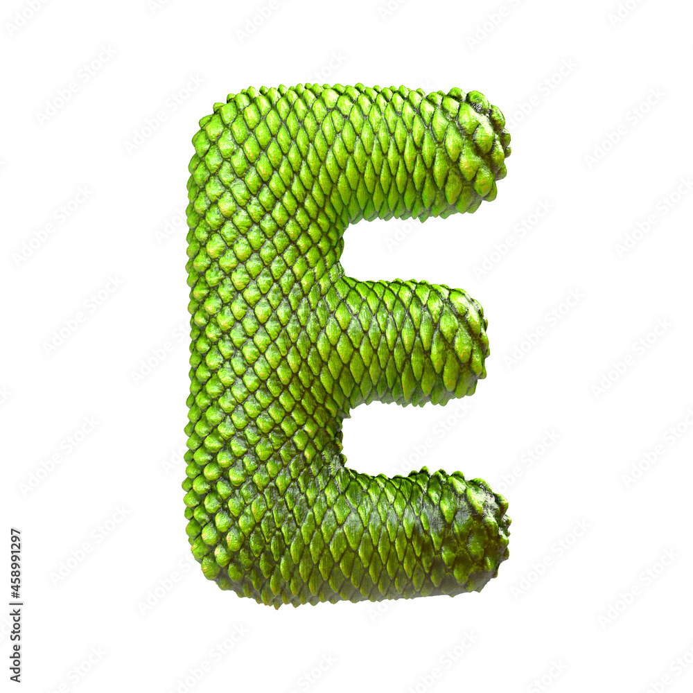 Alphabet letter e made of green dragon skin isolated on white ...