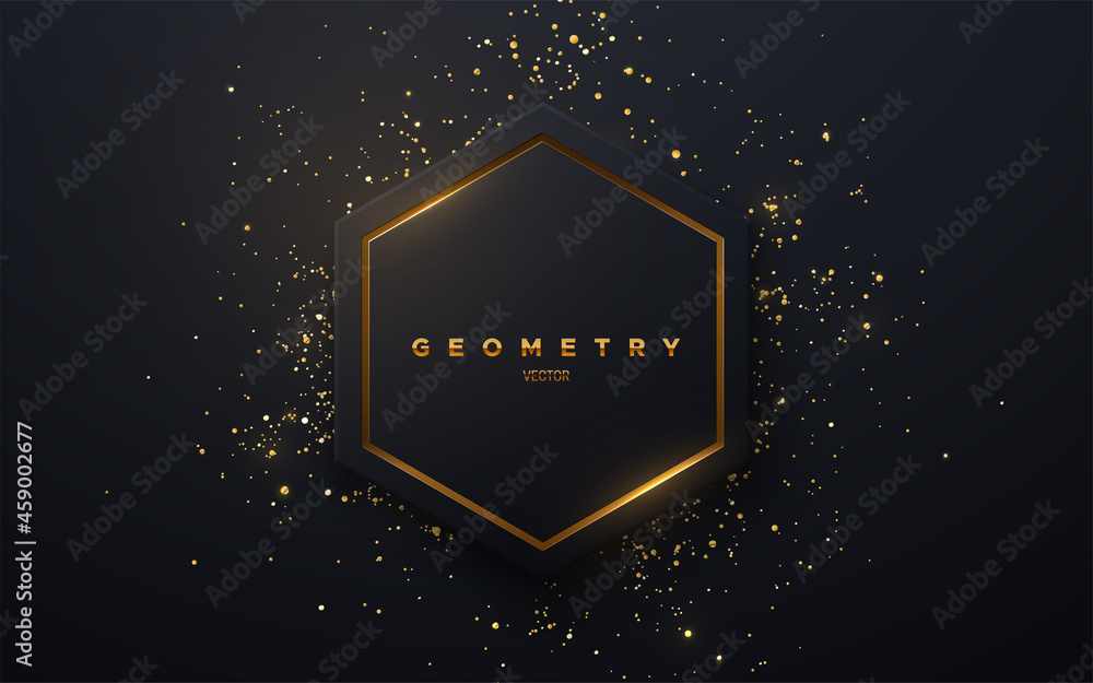 Abstract black hexagon shape with golden glowing frame and glitters ...