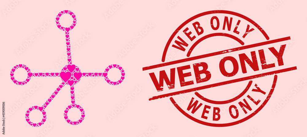 Grunge Web Only seal, and pink love heart mosaic for connections. Red ...