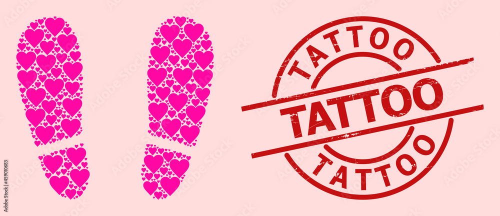 Distress Tattoo stamp, and pink love heart mosaic for human footprints ...