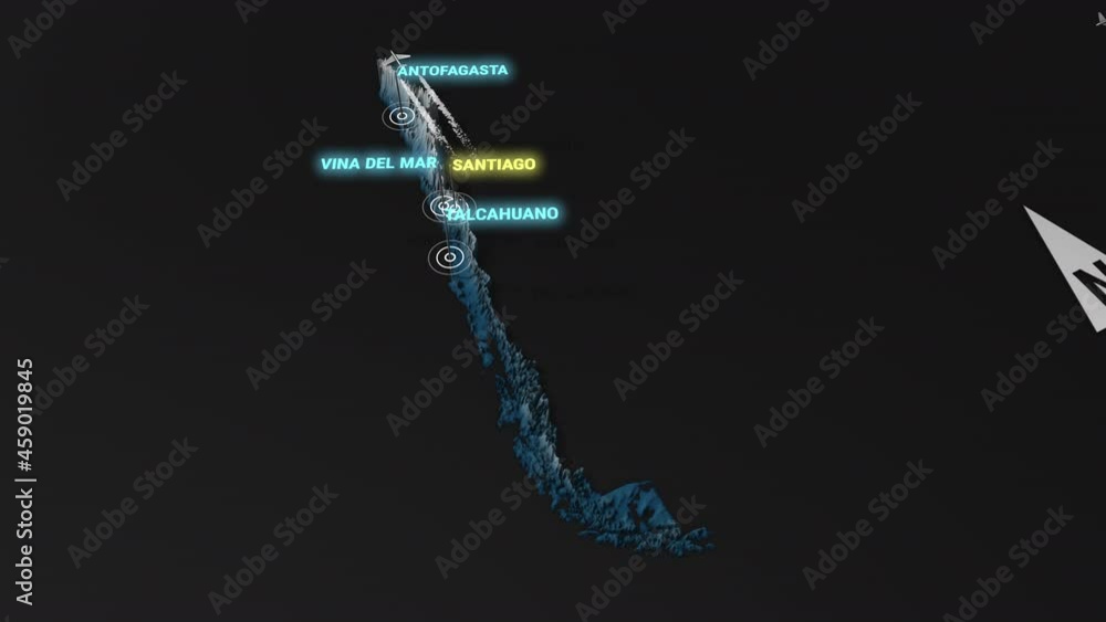 Seamless looping animation of the 3d terrain map at nighttime of Chile ...