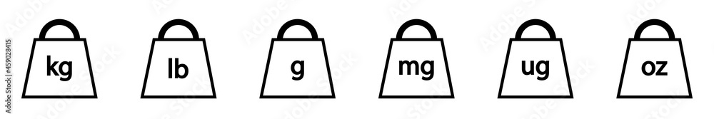 Conjunto de icono de peso kg, lb, g, mg, ug, oz. Kilogramo, libra ...