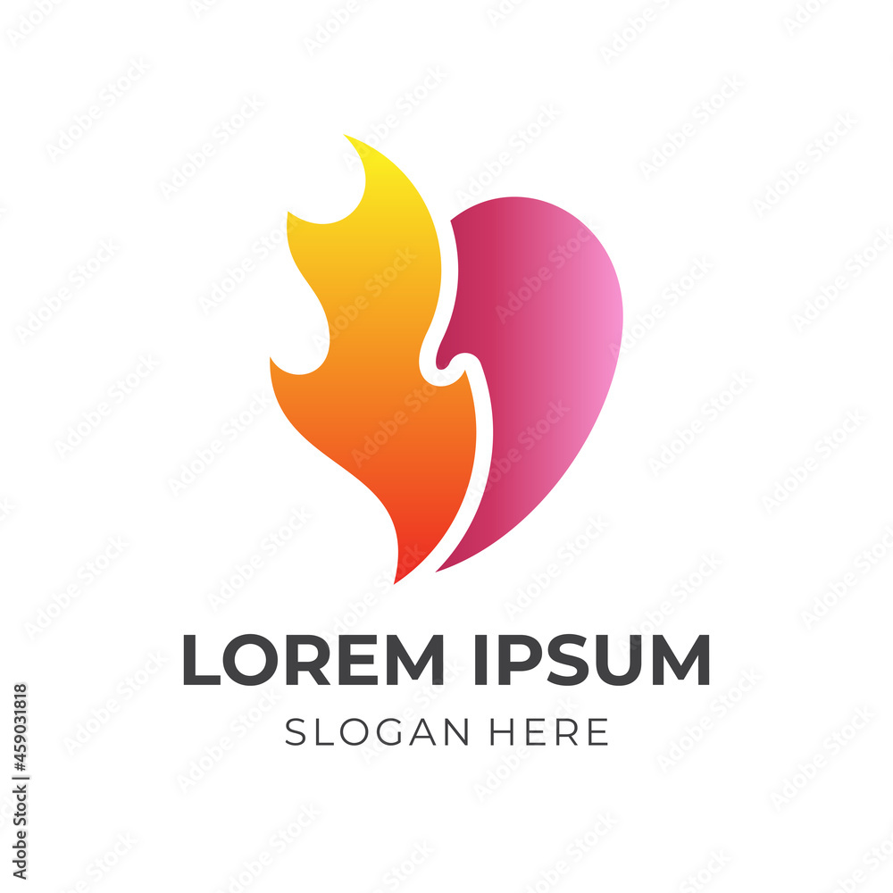 heart fire logo template, love and fire, combination logo with flat red ...