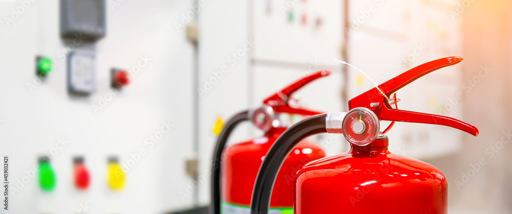 Fire extinguisher, Close-up red fire extinguishers tank in electric ...
