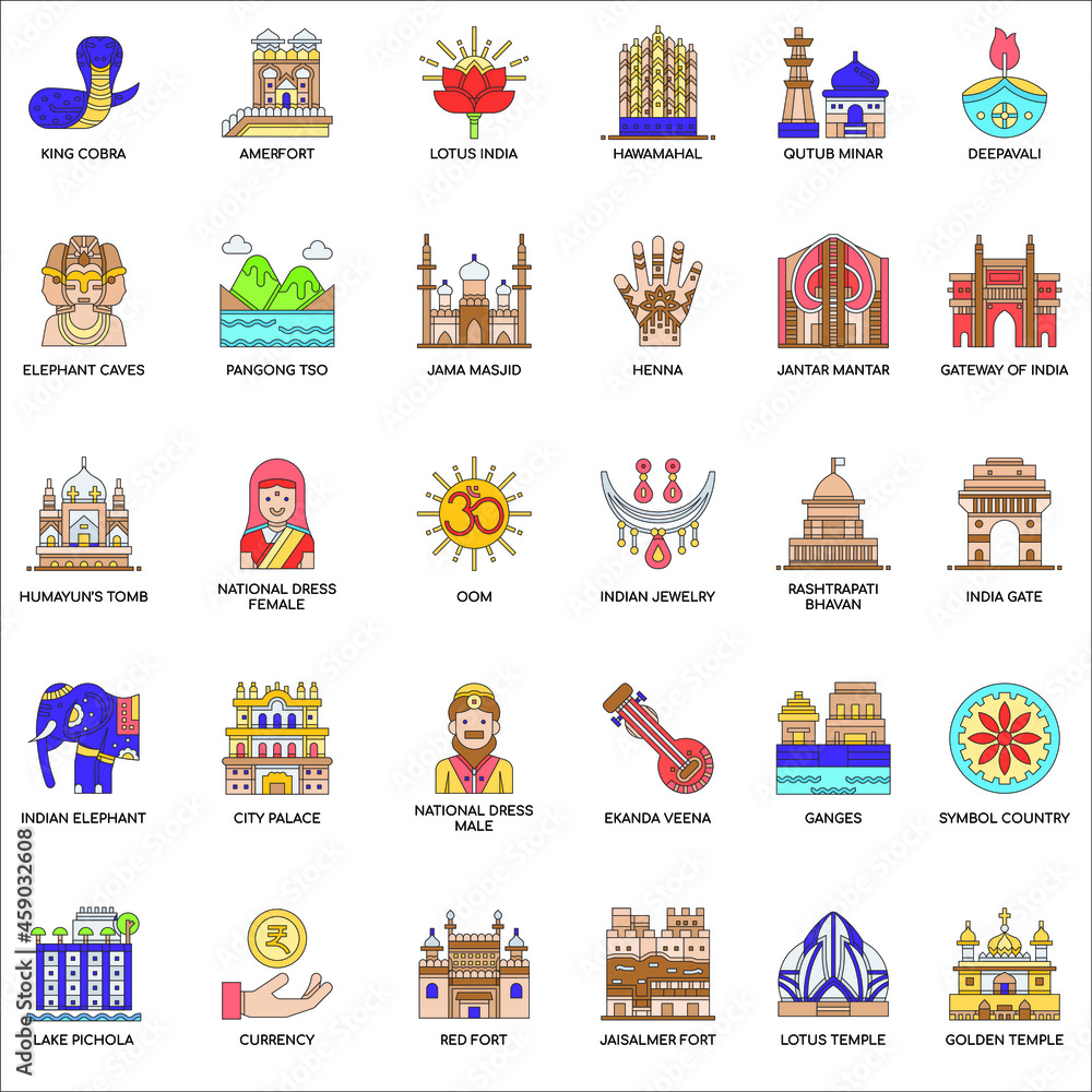 India Symbols elements flat icon collection set Stock Vector | Adobe Stock