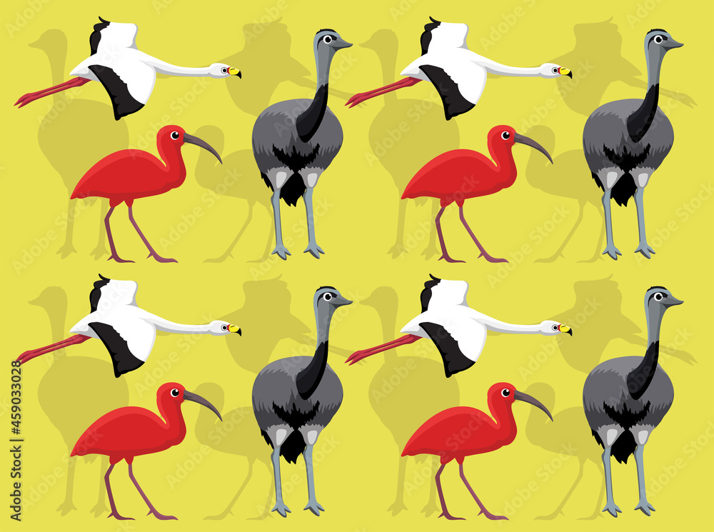 Ibis Flamingo Rhea Bird Cartoon Character Seamless Wallpaper Set Stock ...