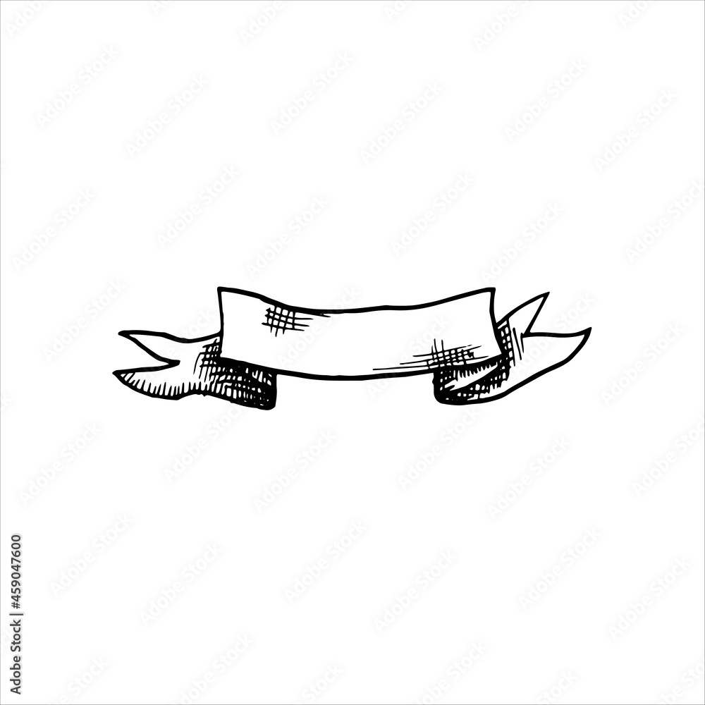 ribbon with sharp ends hand drawn in engraving style. vector drawing of ...