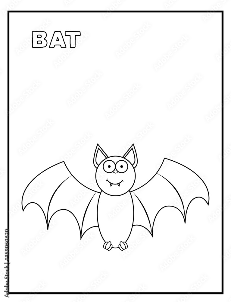 Cute baby bat black and white coloring page with name. Great for ...