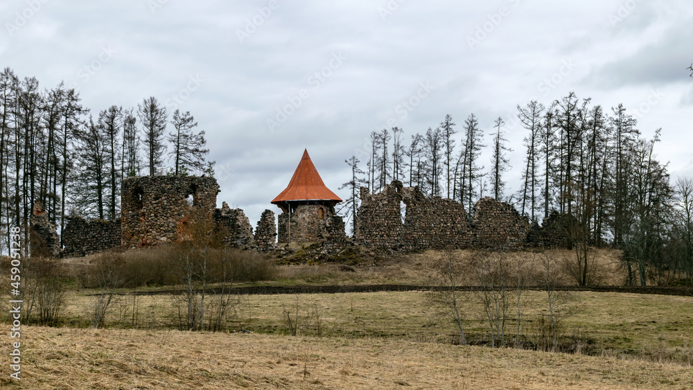 spring landscape with a view of the castle ruins, the new bright orange ...