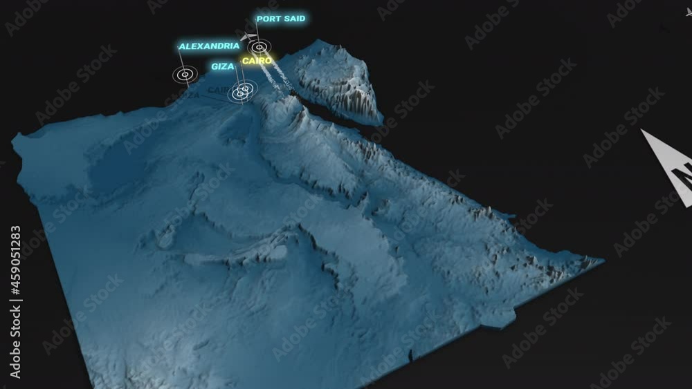 Seamless looping animation of the 3d terrain map at nighttime of Egypt ...