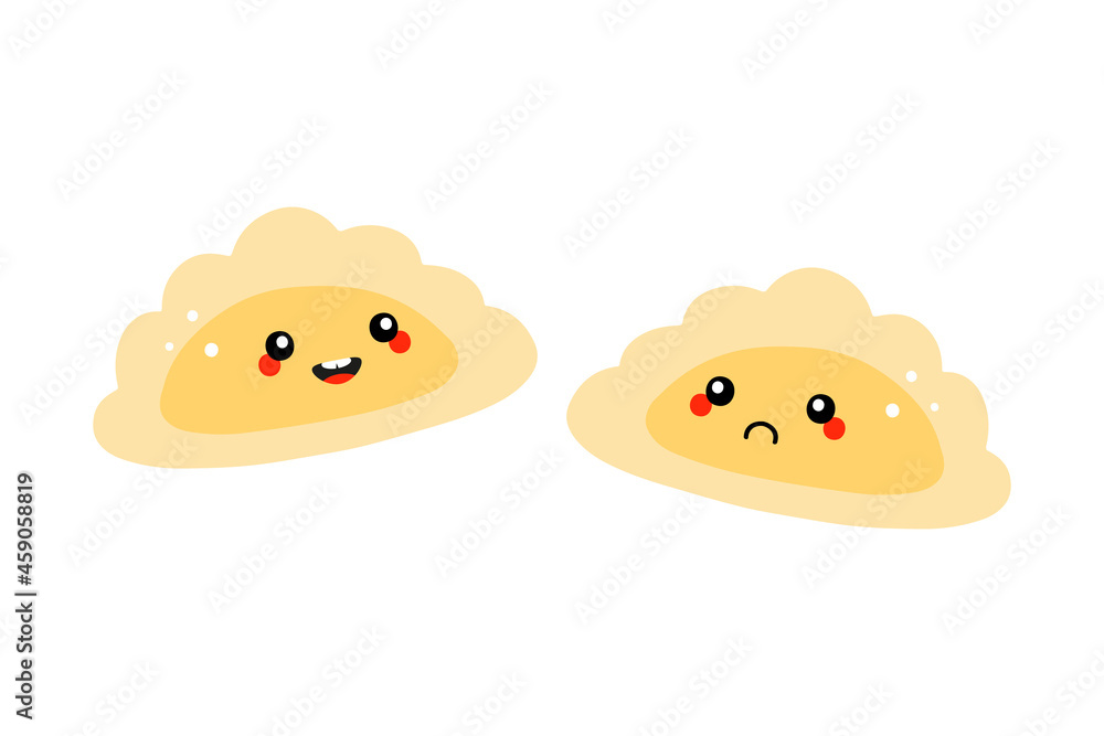 Couple of cute smiling and sad cartoon style pierogi, filled dumplings ...