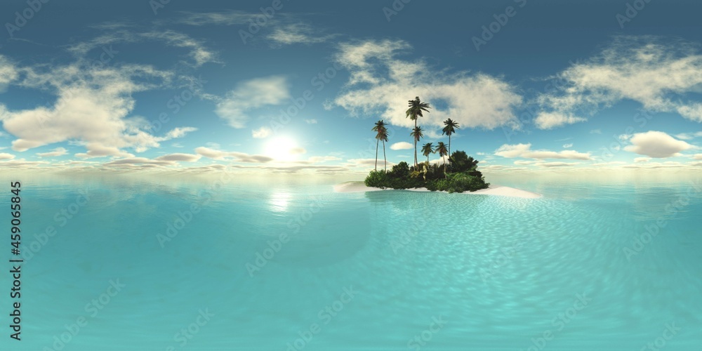 Tropical island with a palm tree at sunset. HDRI, environment map ...