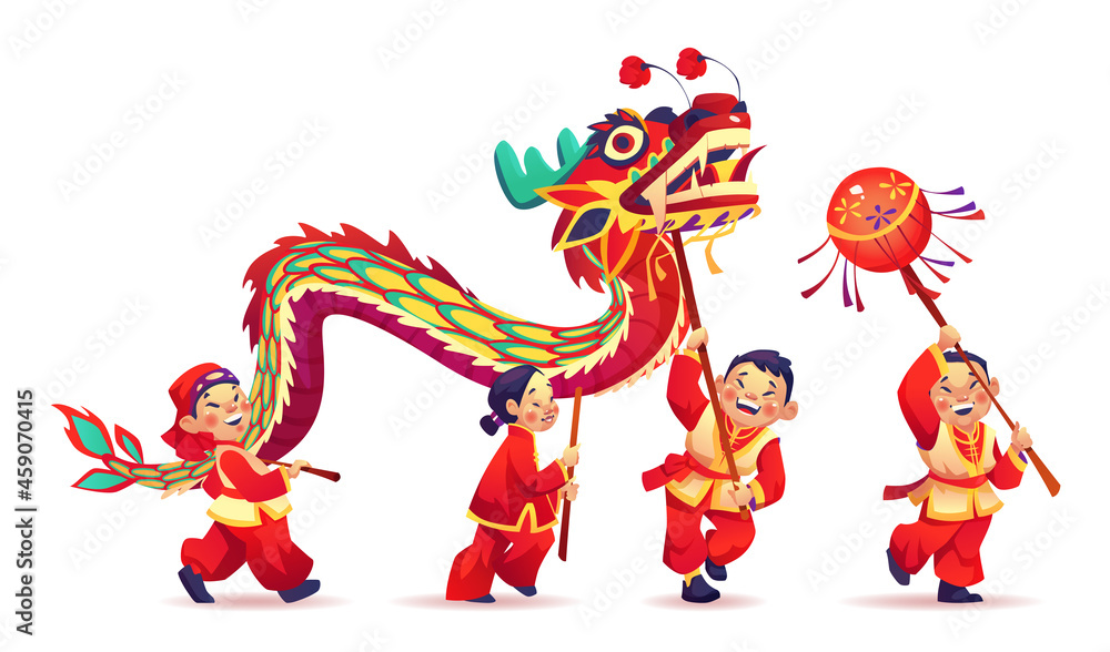 Vetor de CNY parade people dance with paper dragon isolated on white ...