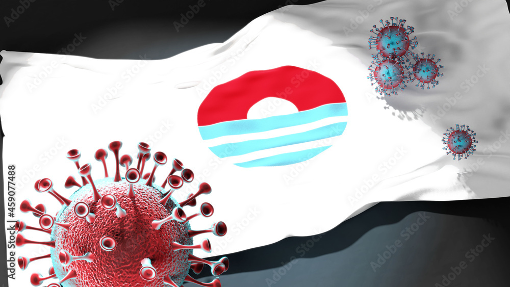 Covid in Ilo - coronavirus attacking a city flag of Ilo as a symbol of ...