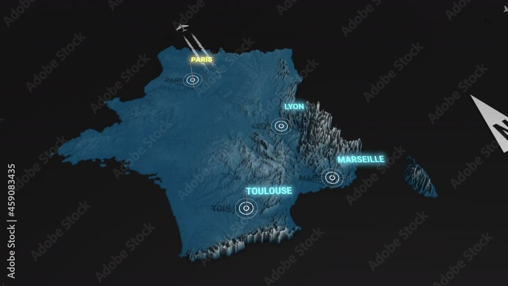 Seamless looping animation of the 3d terrain map at nighttime of France ...