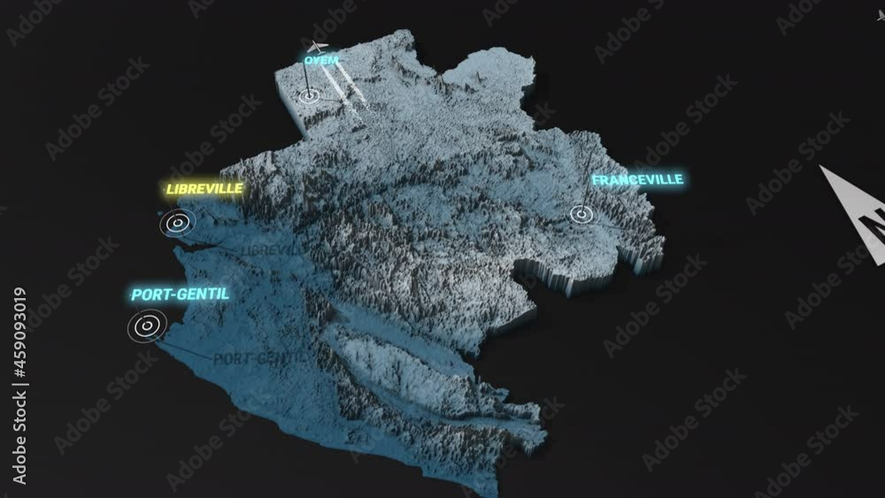 Seamless looping animation of the 3d terrain map at nighttime of Gabon ...