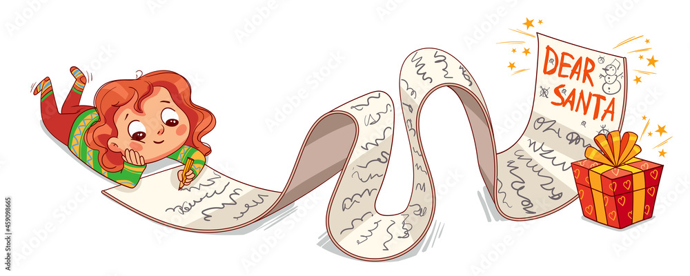 Letter to Santa Claus. Child writes a long list of gifts. Funny cartoon ...