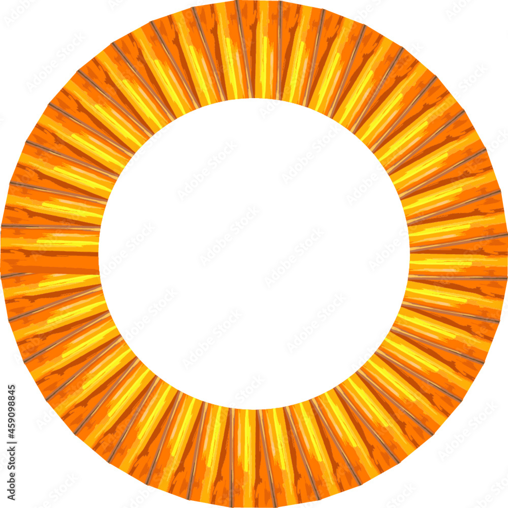 Sunny textured circle frame on a white backdrop. Orange frame with rays ...
