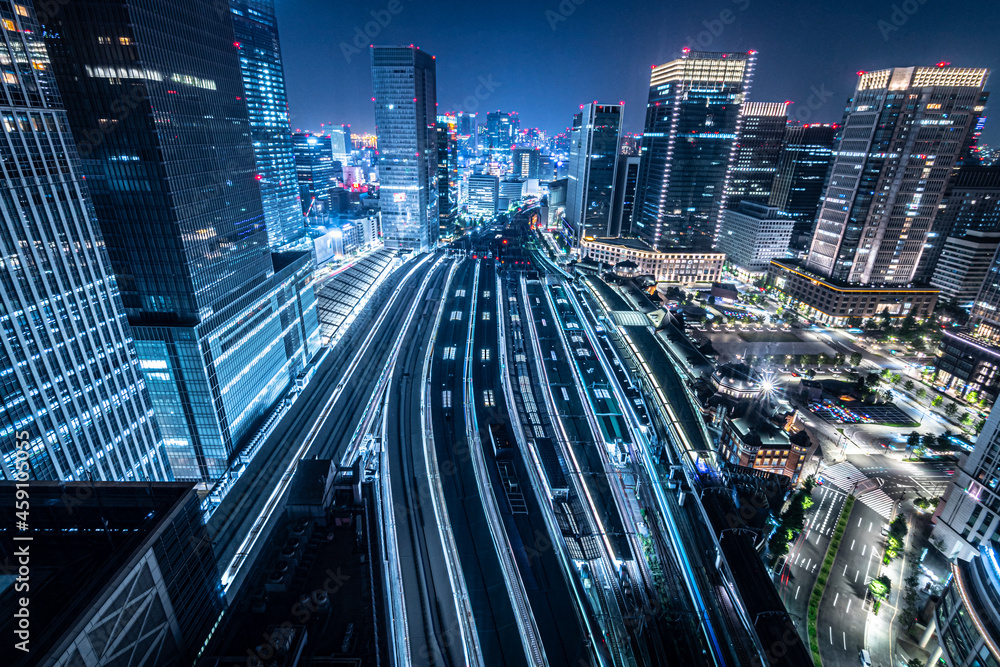 Beautiful night view of Tokyo Train Station with a high angle view of ...