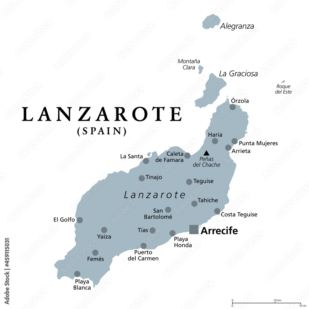 Lanzarote, gray political map with capital Arrecife. Northernmost and ...