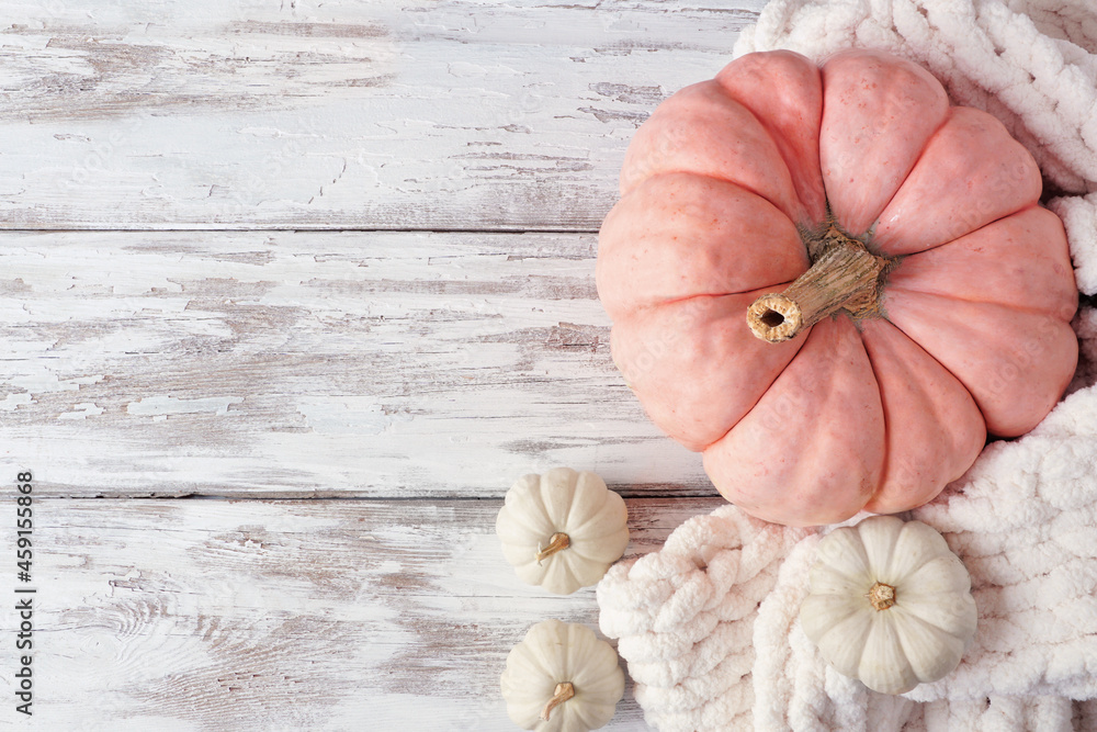 Cozy fall side border on a rustic white wood background. Above view ...