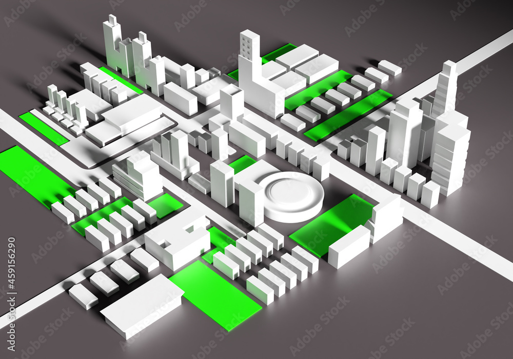 City map 3d. Buildings and skyscrapers in city center. Downtown map ...