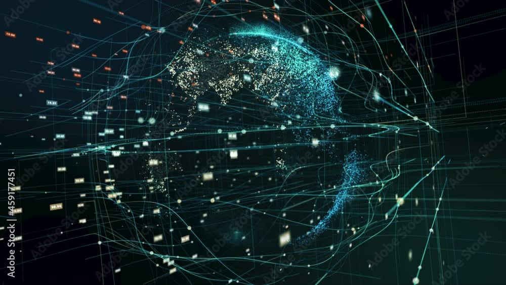 Rotating EARTH in CYBERSPACE structure with LINES and NODE. Connection ...