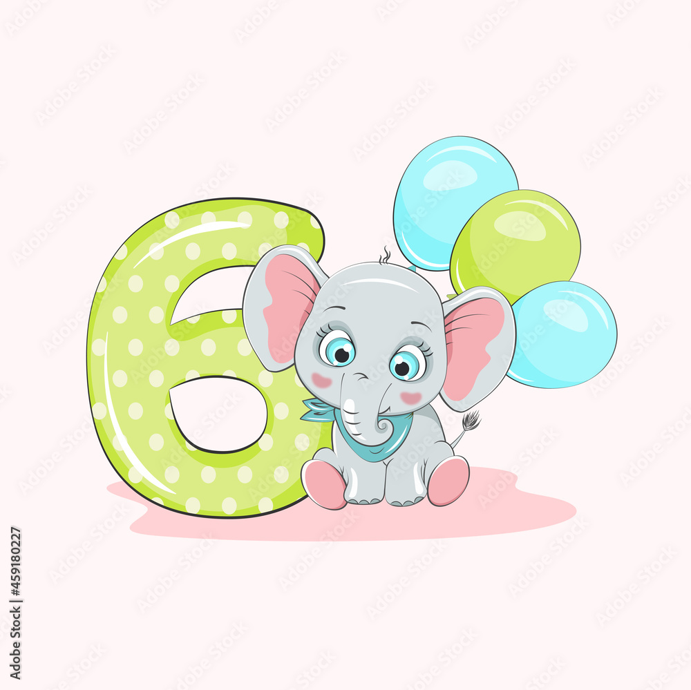 Cute baby elephant with number six and balloons for the sixth month or ...