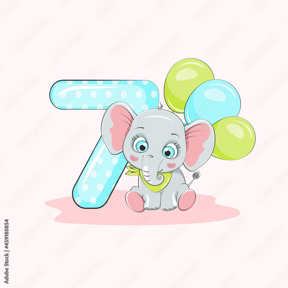 Cute baby elephant with number seven and balloons for the seventh month ...