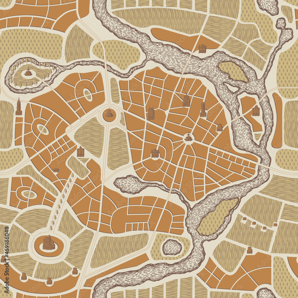 Seamless pattern in the form of an abstract city map. Color vector ...