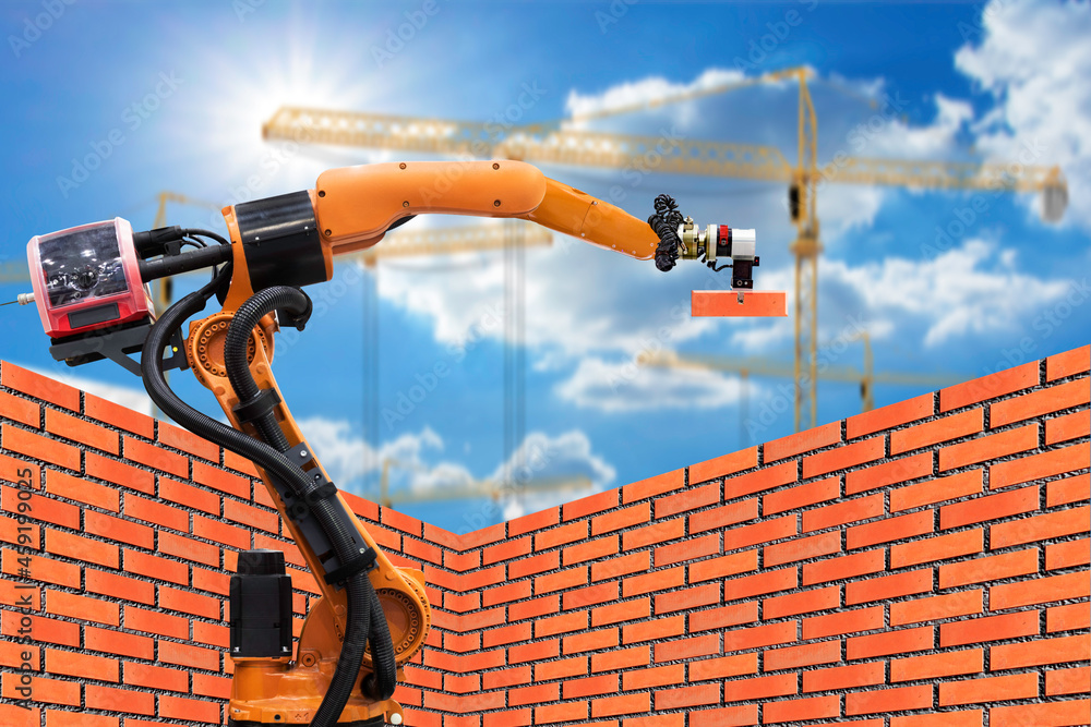 Automatics bricklayer robot working for building brick wall in ...