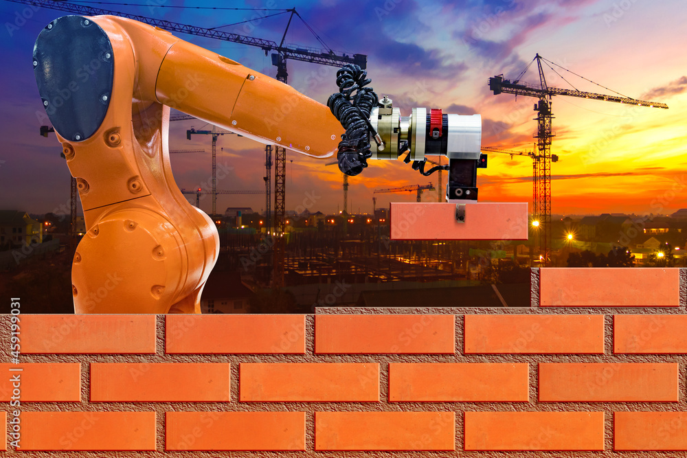 Bricklayer robot working for building brick wall in construction site ...
