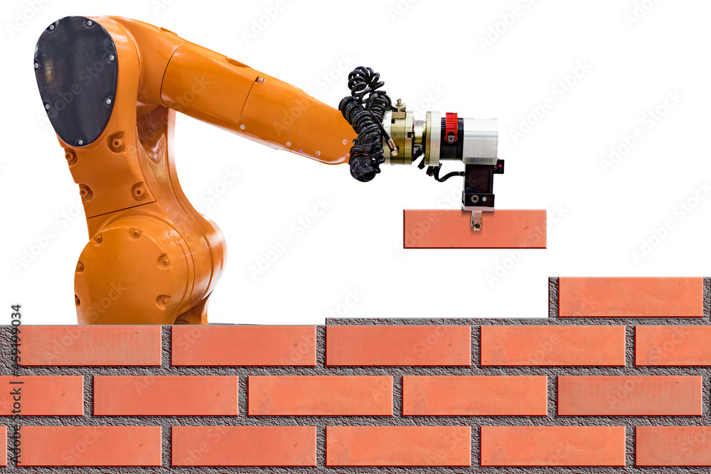 Bricklayer robot working for building brick wall. on white background ...
