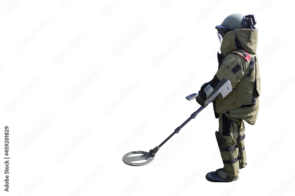 Bomb suit for EOD team with metal detector isolated on white background ...