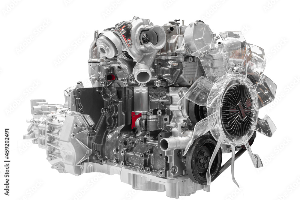 Car engine cross cut of concept car isolated on white background with ...