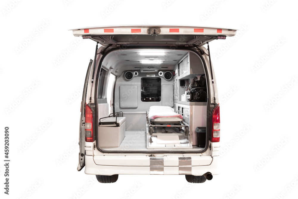 Interior of an ambulance emergency medical service.isolated on white ...