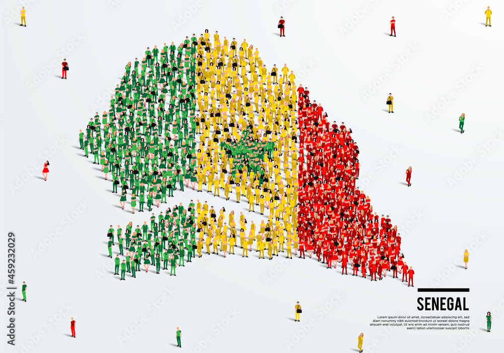 Senegal Map and Flag. A large group of people in the Senegal flag color ...