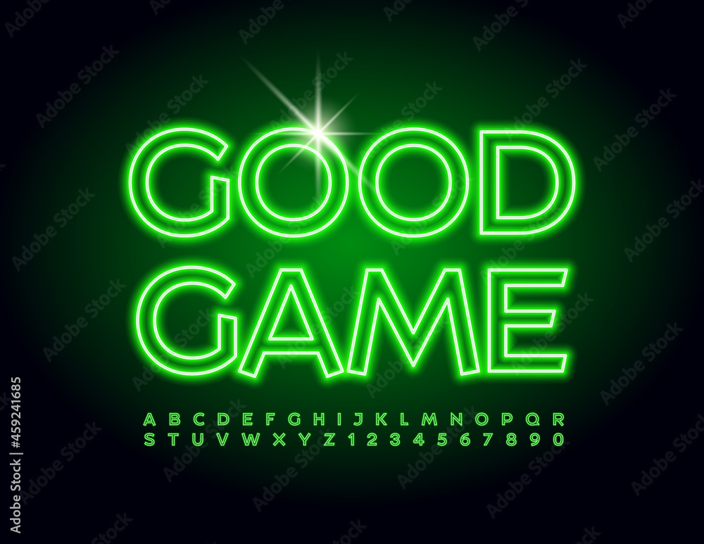 Vector glowing sign Good Game with Green Neon Font. Light Tube Alphabet ...