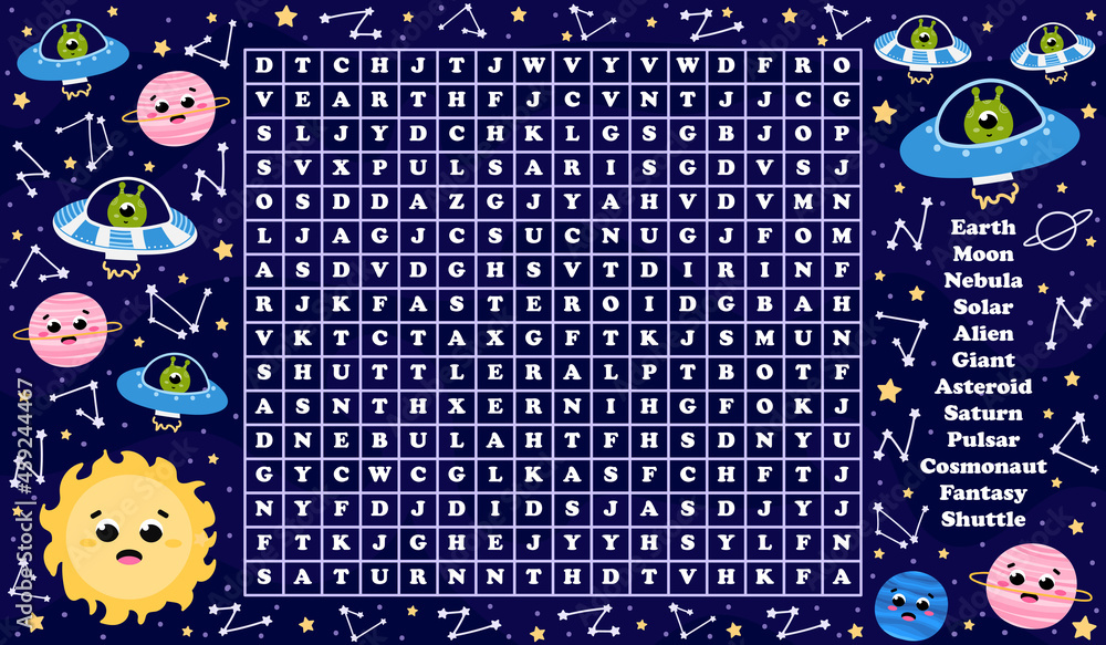 Space word search game with cute planets, alien monsters on spaceships ...